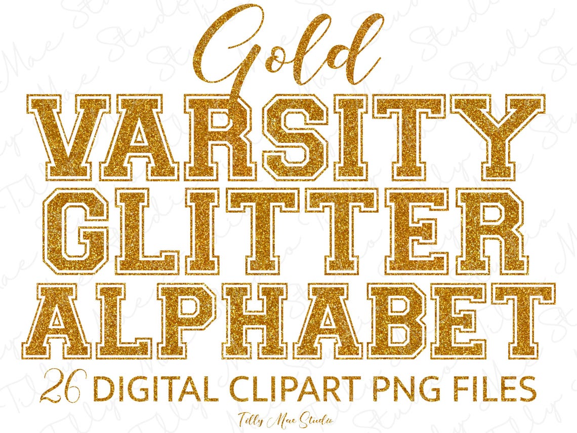 Gold Glitter Varsity Alphabet PNG Letters Sparkly Clipart for Digital ...