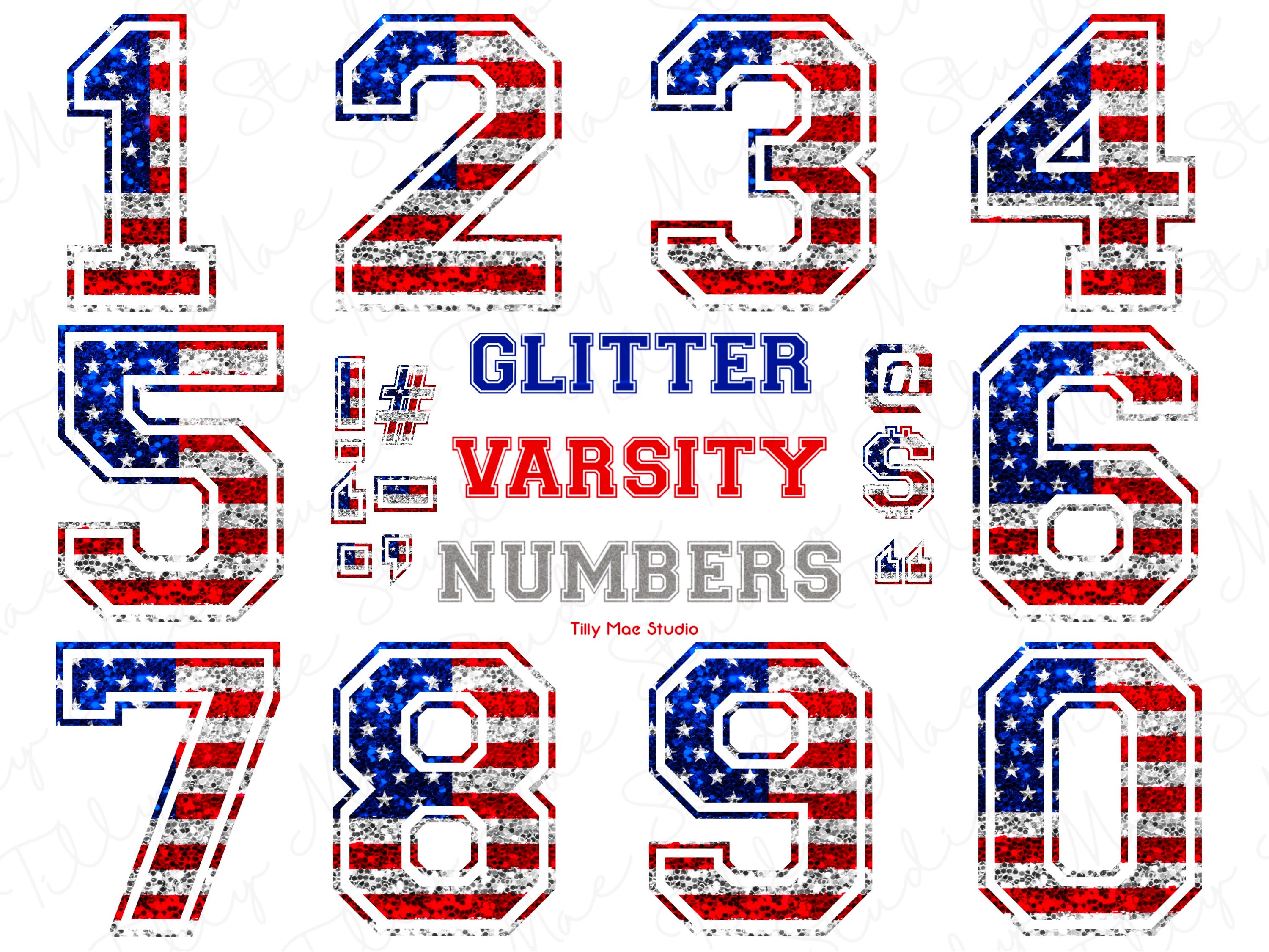 American Flag Glitter Varsity Numbers Clipart Jersey Numbers - Etsy