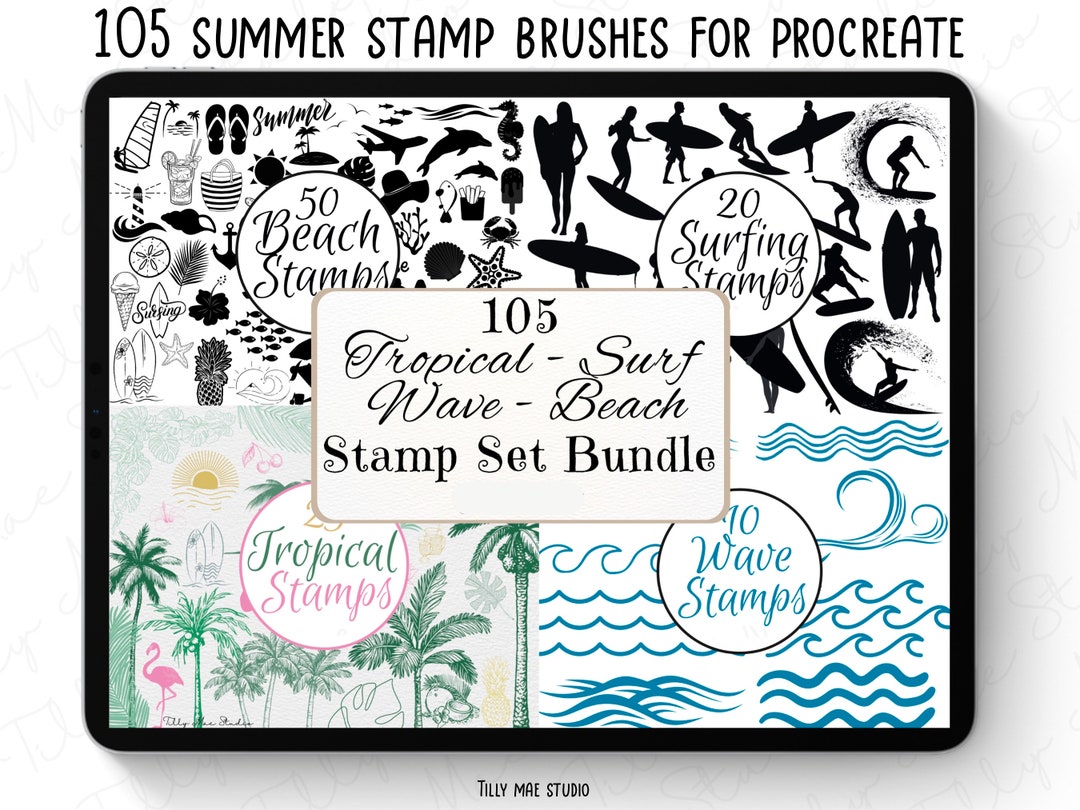 Tropical Summer Beach Stamps & Brushes for Procreate: Palm Trees, Waves ...
