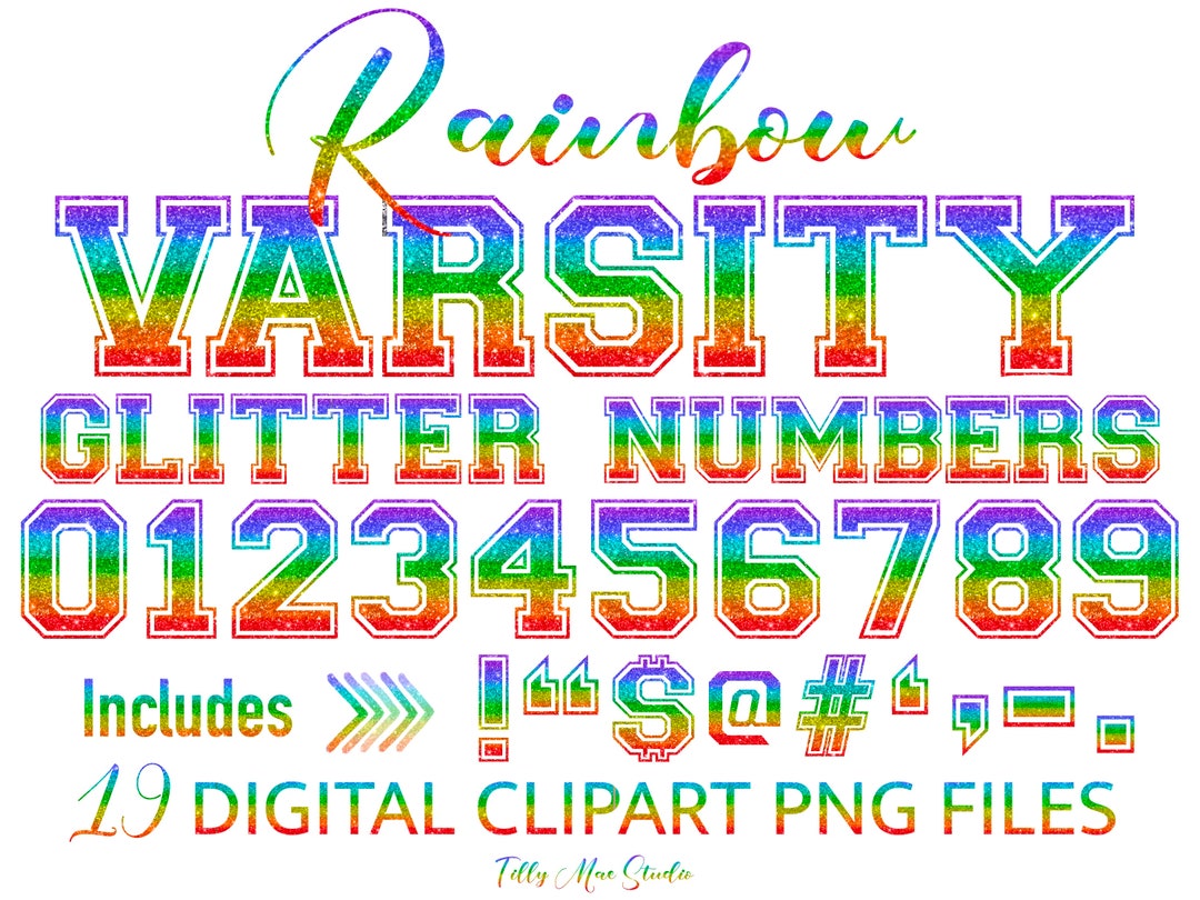Rainbow Glitter Varsity Numbers Clipart, Jersey Numbers Png, Glitter ...