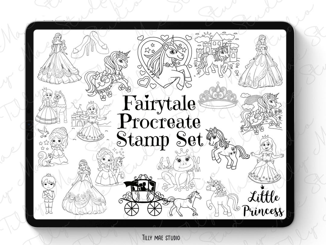 Princess Digital Stamps for Procreate: Kids Coloring Brushes & Painting ...
