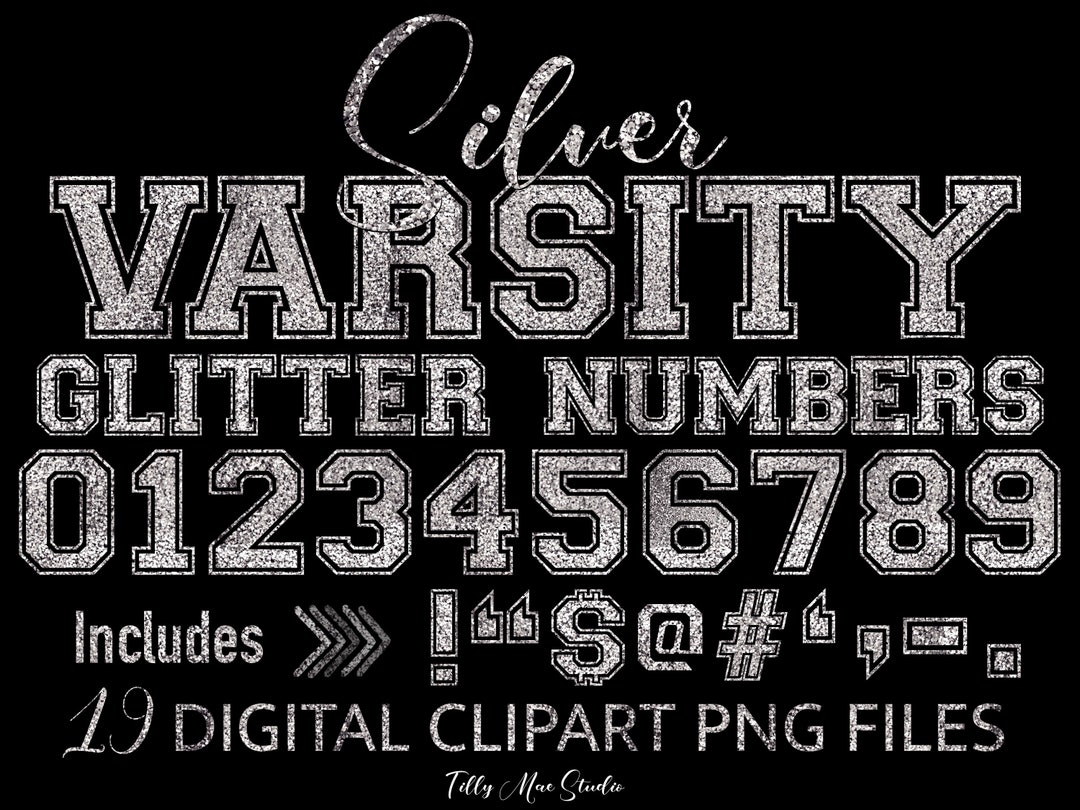 Silver Glitter Varsity Numbers Clipart, Jersey Numbers Png, Glitter ...