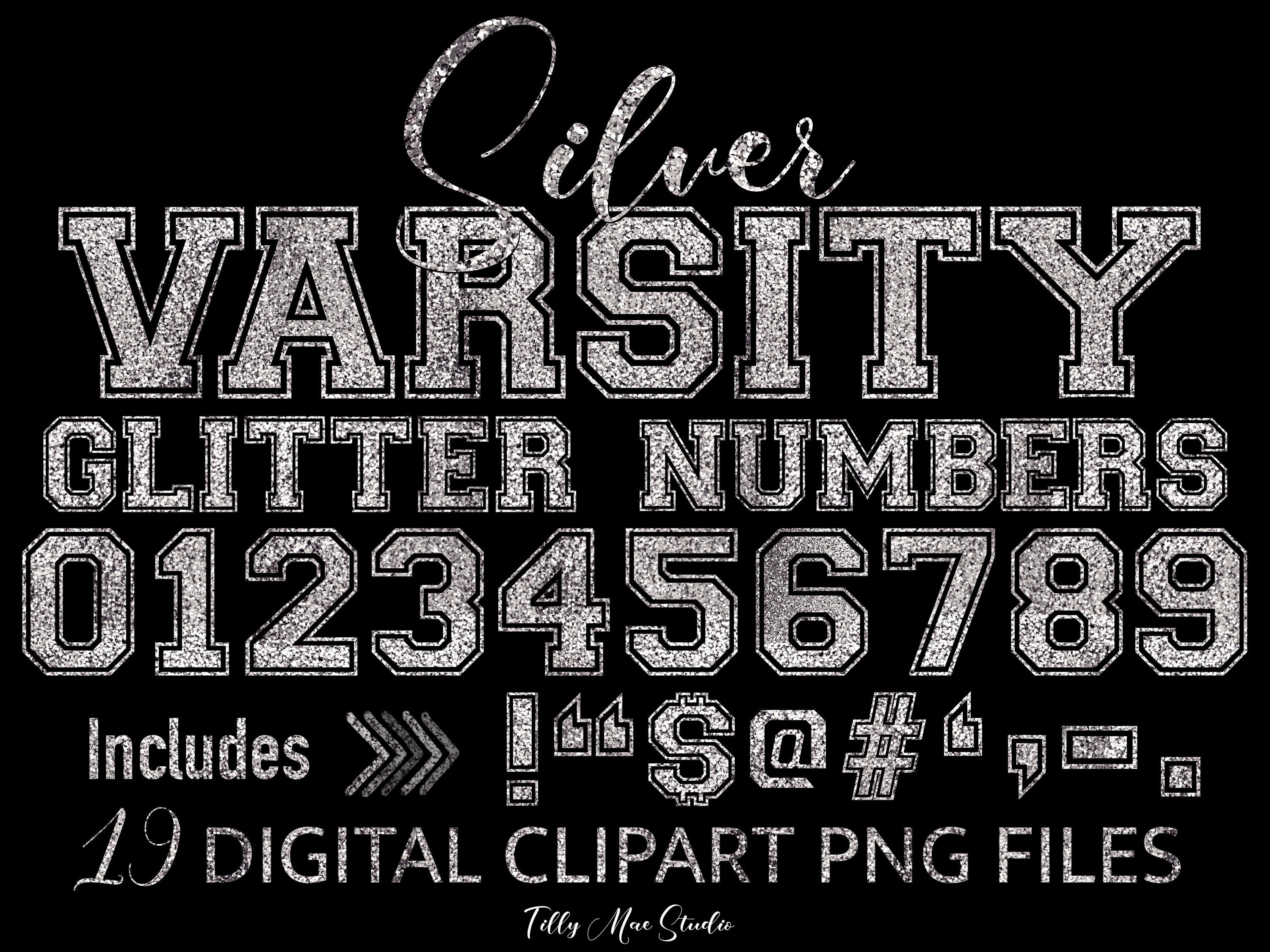 Silver Glitter Varsity Numbers Clipart, Jersey Numbers Png, Glitter ...