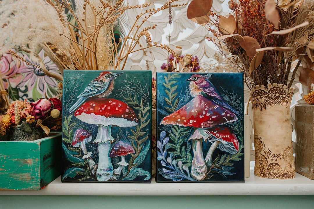 ORIGINAL Bird and Toadstool Oil Painting - Etsy