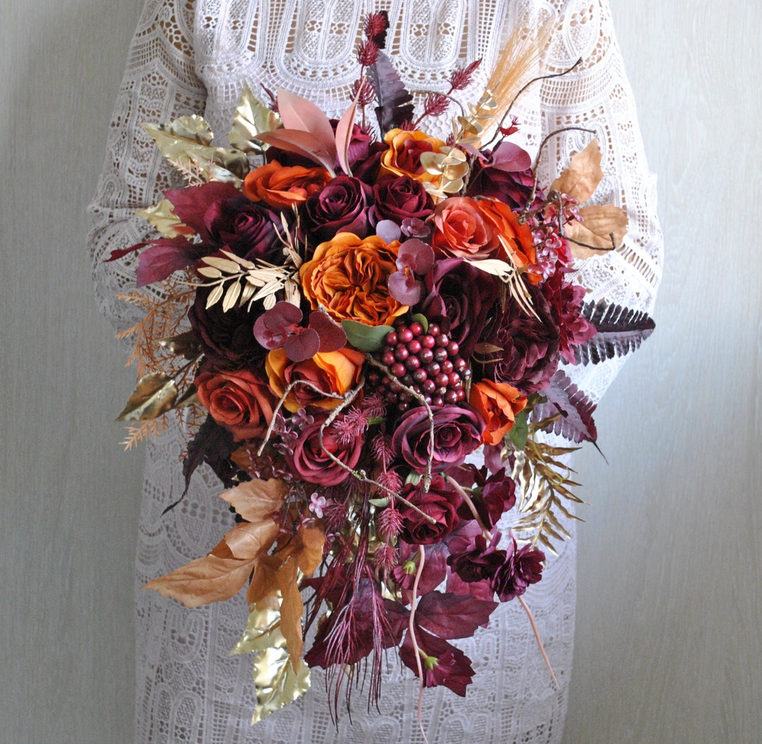 Burgundy Burnt Orange Bridal Bouquet, Cascading Bouquet, Fall Wedding ...