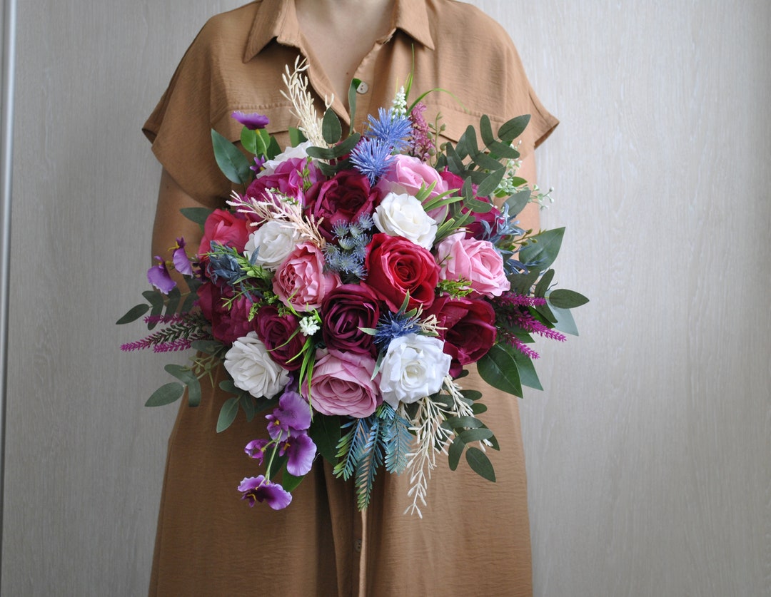 Hot Pink Magenta Blue Bridal Bouquet, Jewel Tone Wedding Bouquet ...