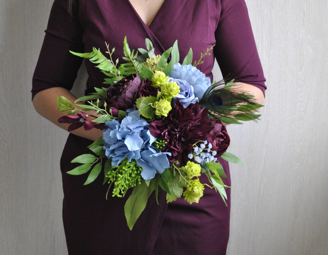 Burgundy Blue Wedding Bouquet, Peacock Feather Bridal Bouquet, Beer ...