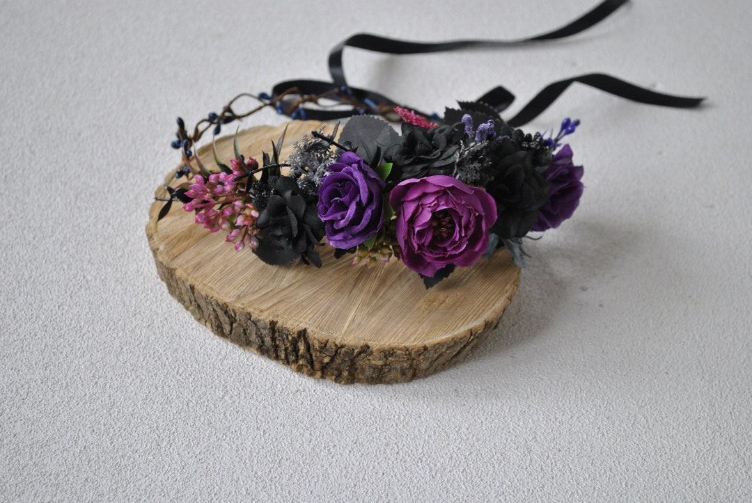 Black Purple Flower Crown, Gothic Wedding Crown, Halloween Hair Crown ...