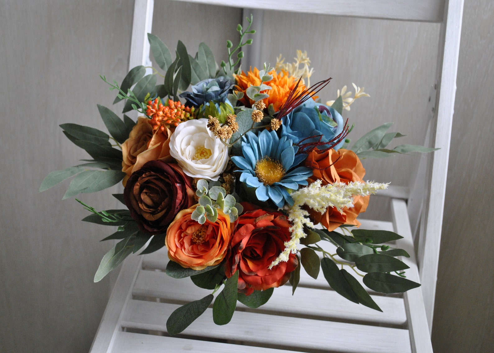 Dark Teal Rust Bouquet, Fall Bridal Bouquet, Navy Blue Orange Flowers ...