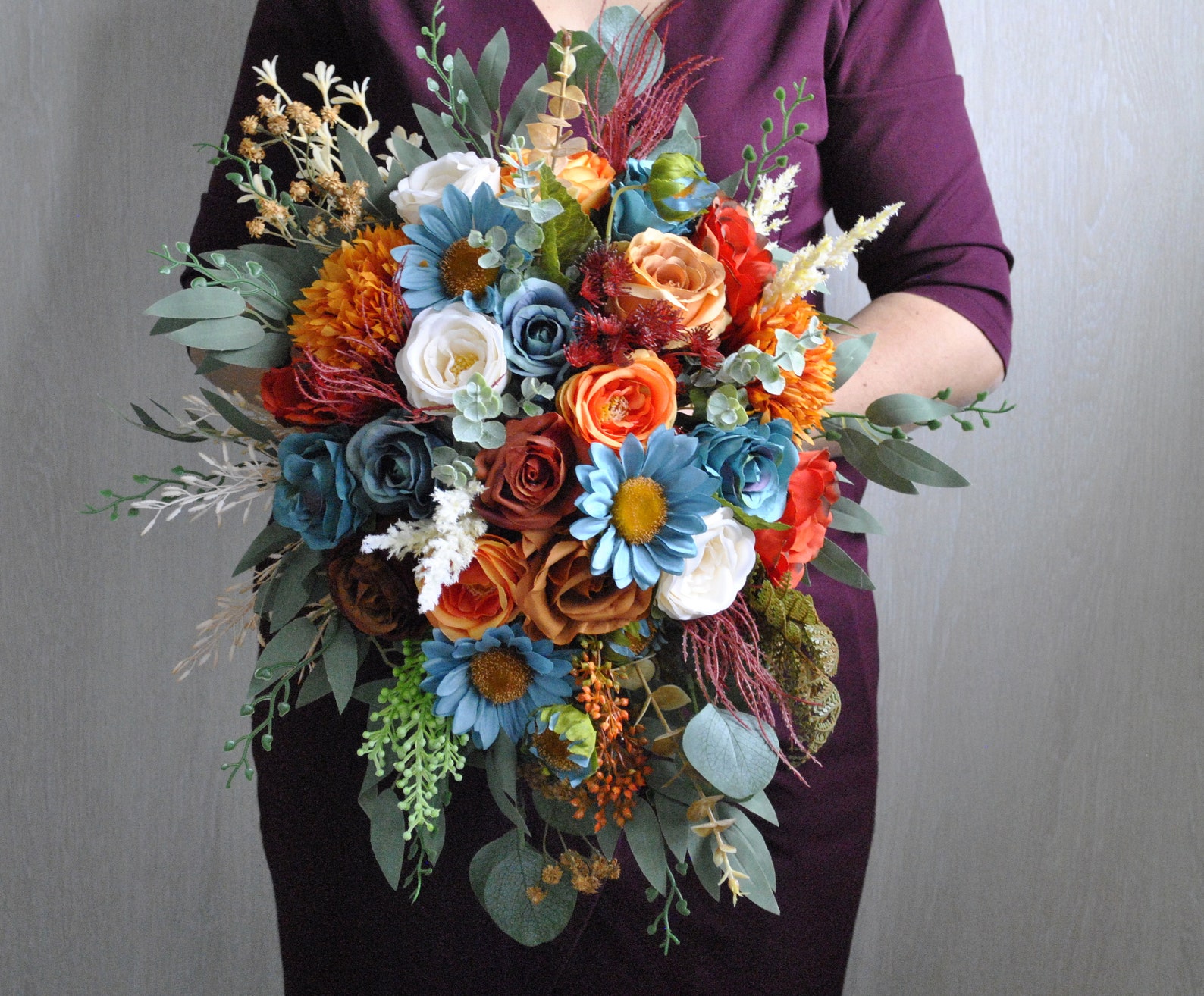 Dark Teal Rust Bouquet, Fall Bridal Bouquet, Navy Blue Orange Flowers ...