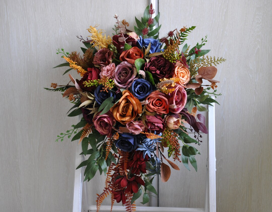 Burgundy Navy Blue Rust Bridal Bouquet, Fall Wedding Bouquet, Cascading ...