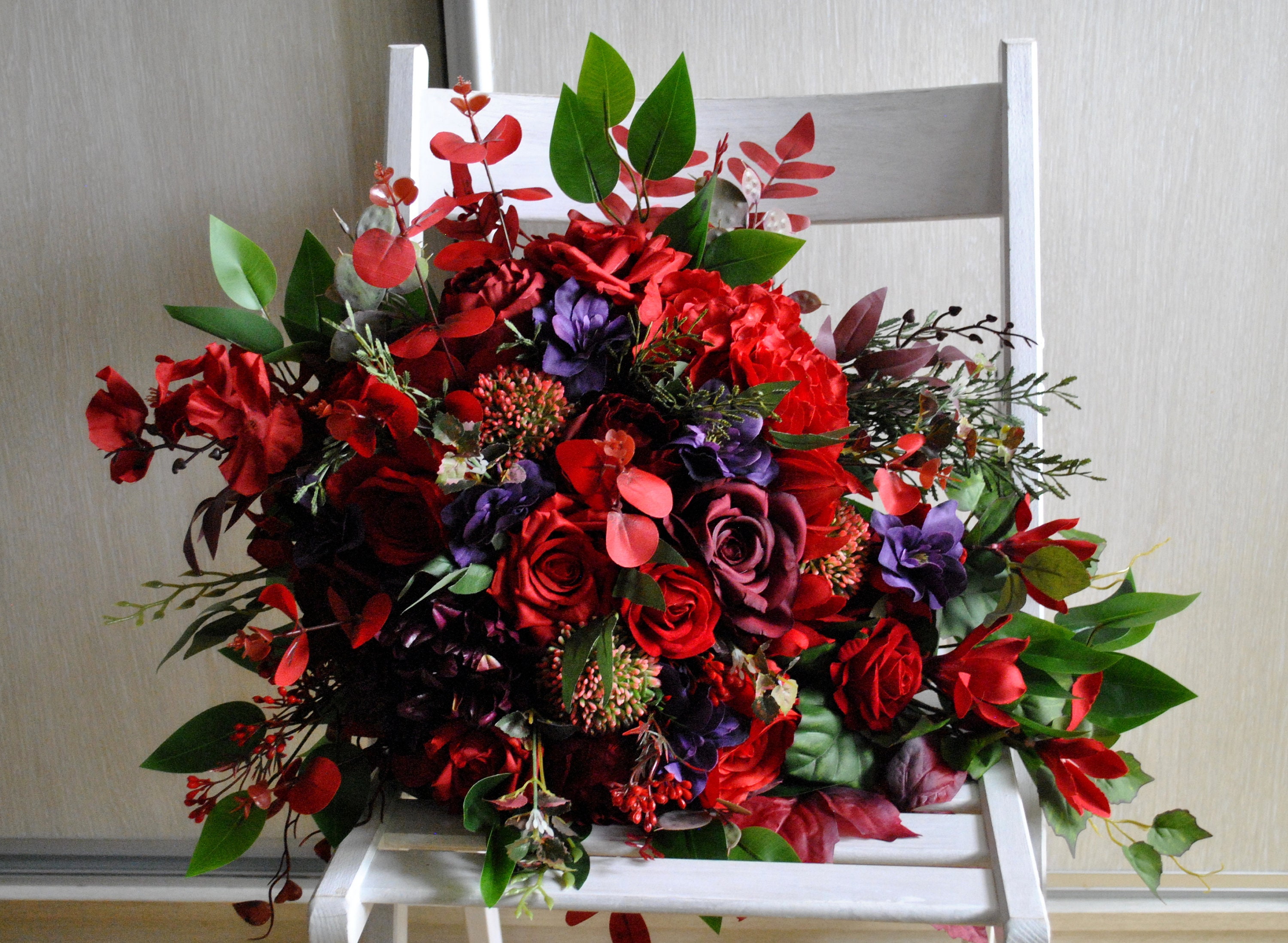 Red Purple Flowers Bridal Bouquet, Fall Wedding Bouquet, Silk Flowers ...
