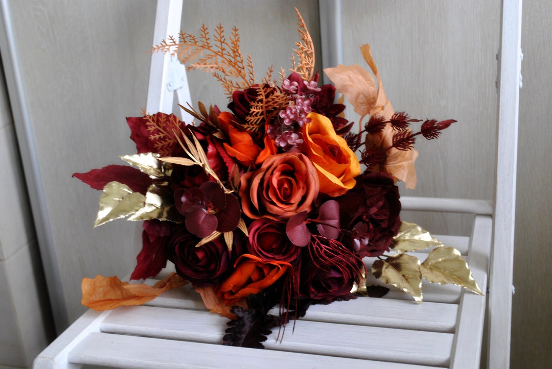 Burgundy Rust Wedding Bouquet , Bridesmaid Bouquet, Fall Wedding, Boho ...
