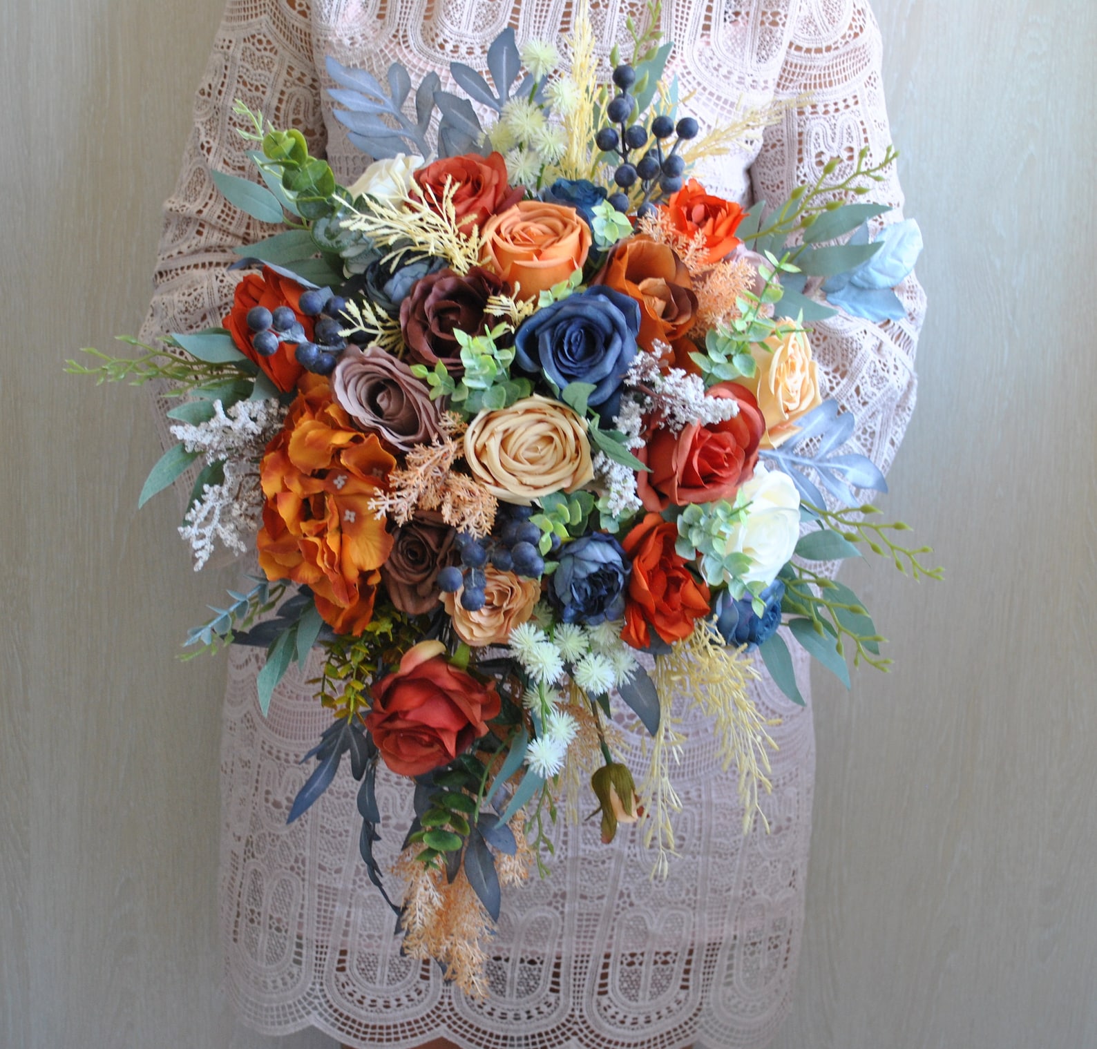 Rust Navy Blue Wedding Bouquet, Cascading Bouquet, Fall Boho Wedding - Etsy