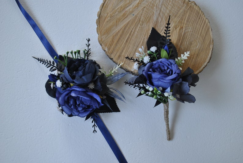 Black Navy Blue Boutonniere, Gothic Wedding Boutonniere, Silk Flowers ...