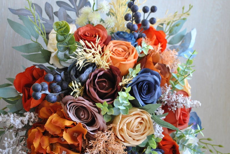 Rust Navy Blue Wedding Bouquet, Cascading Bouquet, Fall Boho Wedding - Etsy