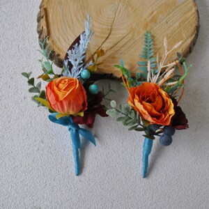 Dark Teal Orange Boutonniere for Men, Wedding Buttonhole, Fall Wedding ...