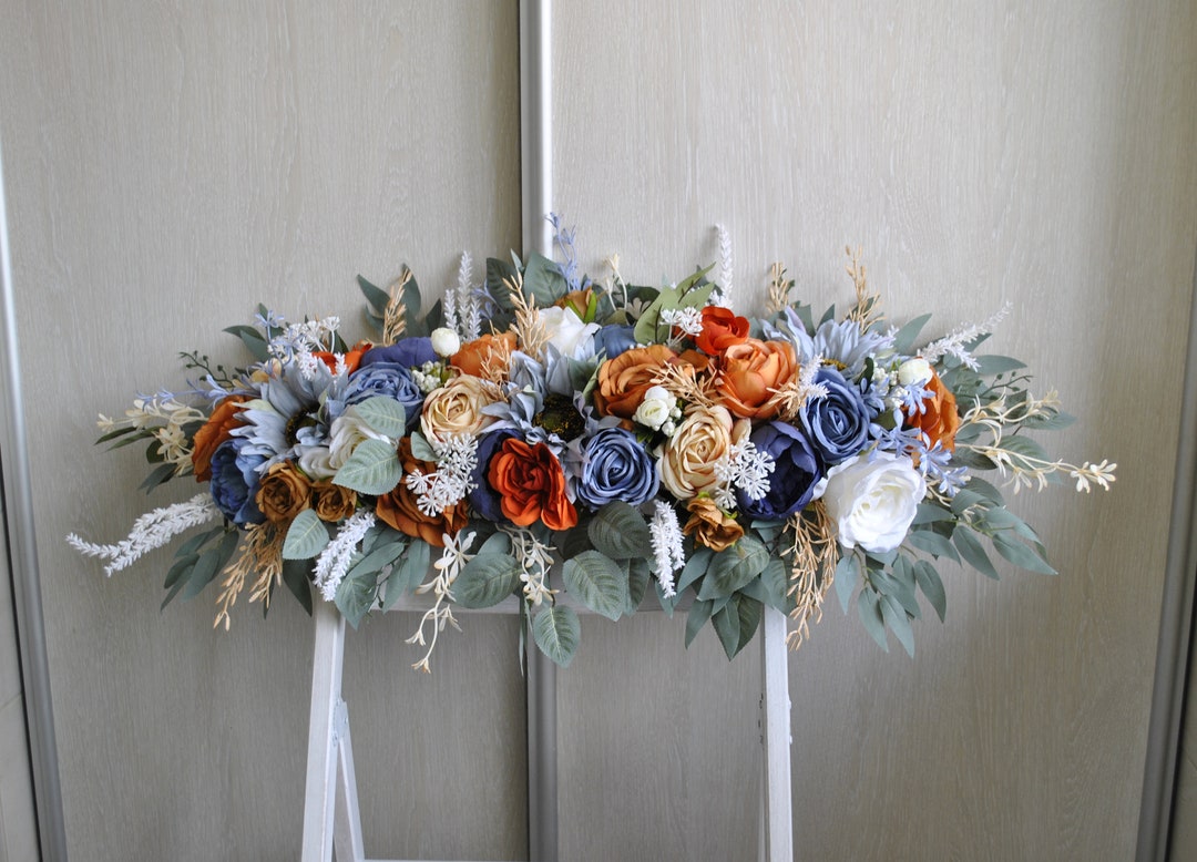 Dusty Blue Rust Arch Arrangement, Fall Wedding, Sunflower Arch Swag - Etsy