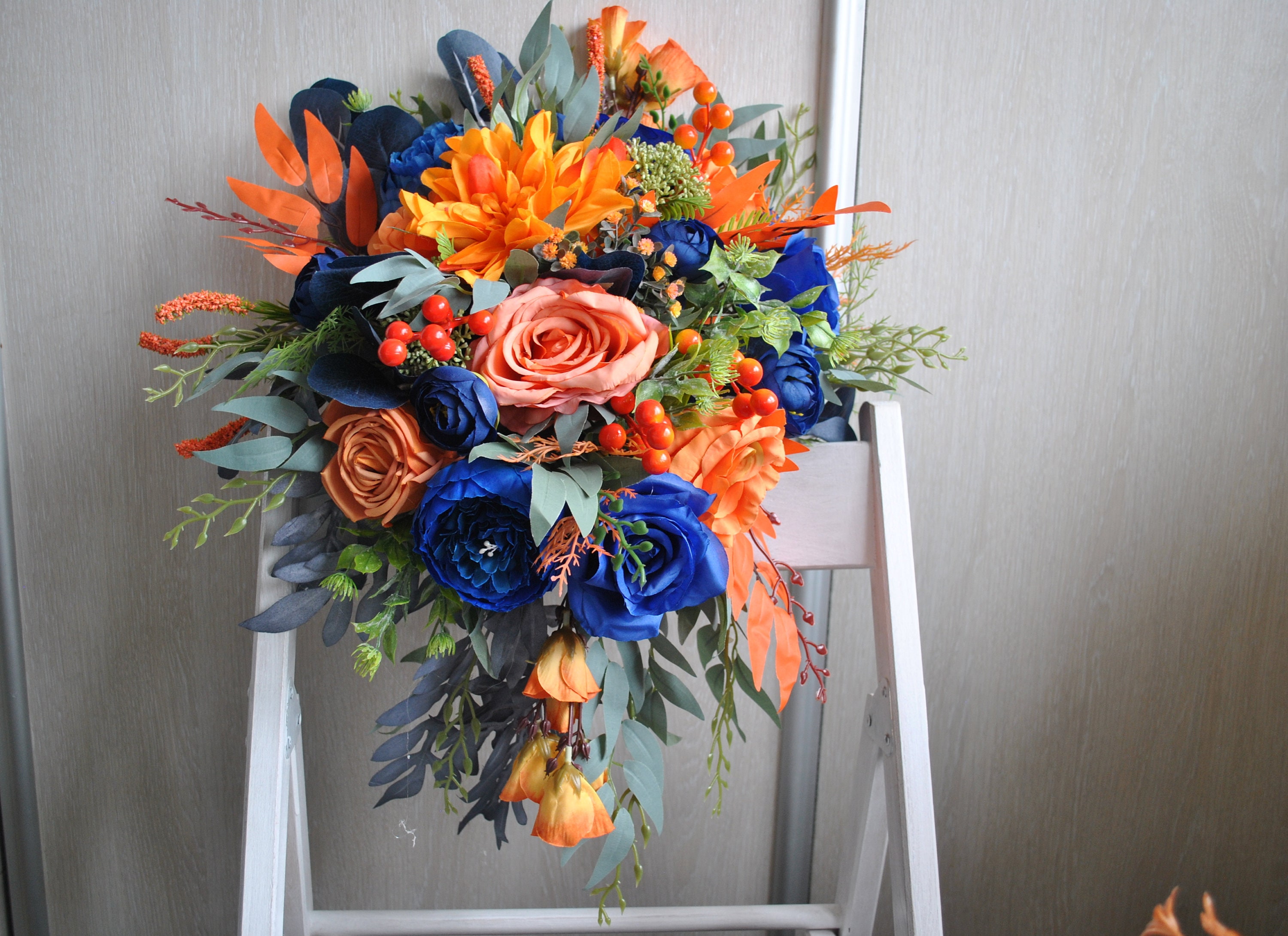Orange And Blue Flowers Bouquet Dark Teal Rust Bouquet Navy Blue