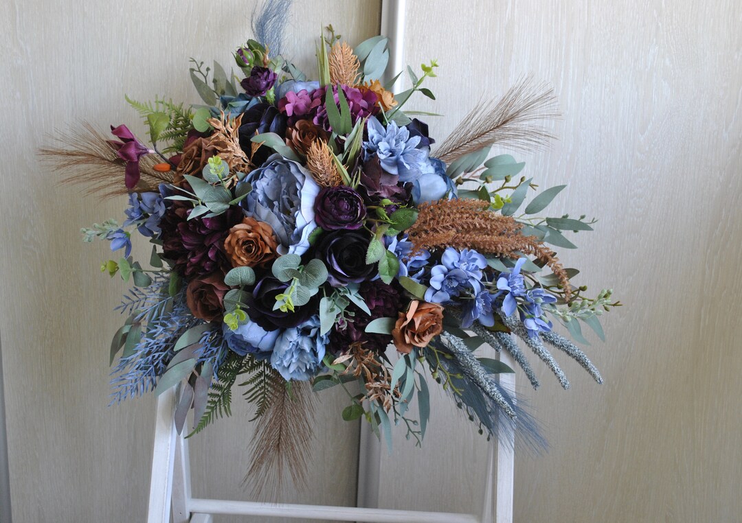 Plum Purple Dusty Blue Bouquet, Dark Bridal Bouquet, Fall Wedding ...