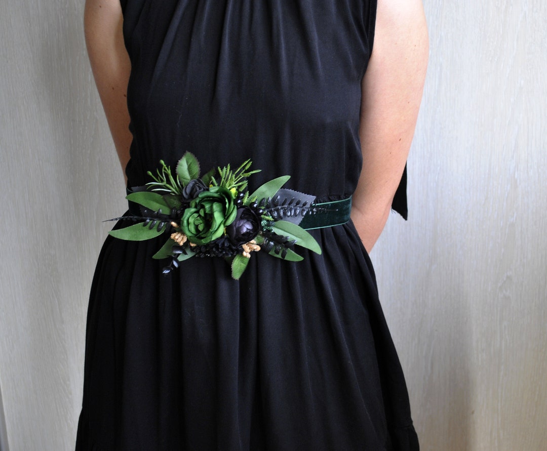 Emerald Green Black Flower Belt , Gothic Wedding Sash Belt, Flower Girl ...