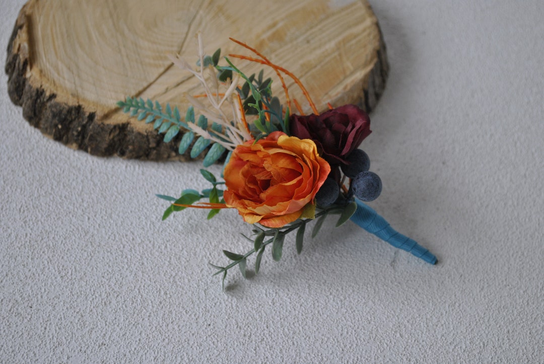 Dark Teal Orange Boutonniere for Men, Wedding Buttonhole, Fall Wedding ...