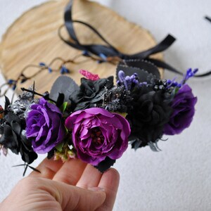 Black Purple Flower Crown, Gothic Wedding Crown, Halloween Hair Crown ...