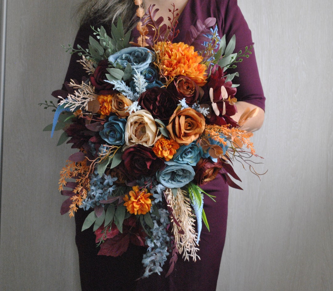 Rust Teal Burundy Wedding Bouquet, Fall Boho Wedding, Cascading Bouquet ...