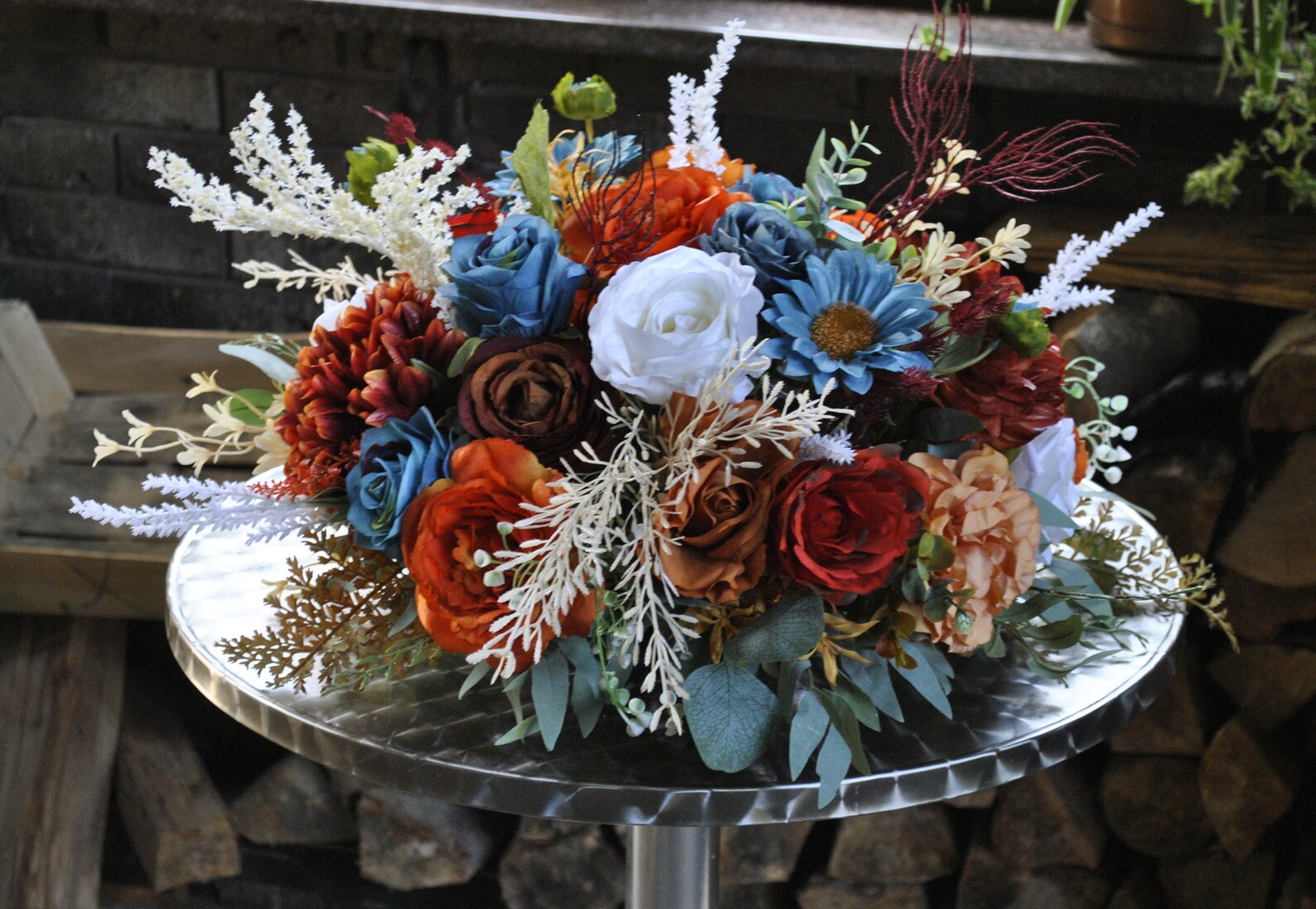 Dark Teal Rust Bouquet, Fall Bridal Bouquet, Navy Blue Orange Flowers ...