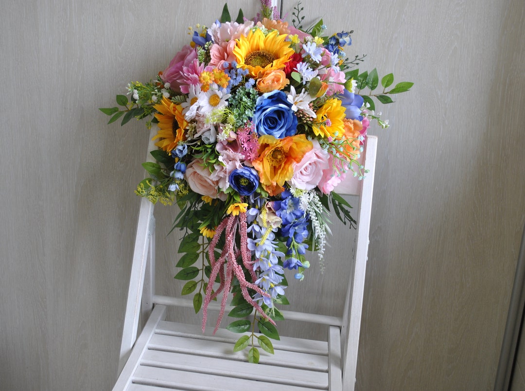 Orange Hot Pink Sunflower Bouquet, Colorful Wedding Bouquet, Wildflower ...