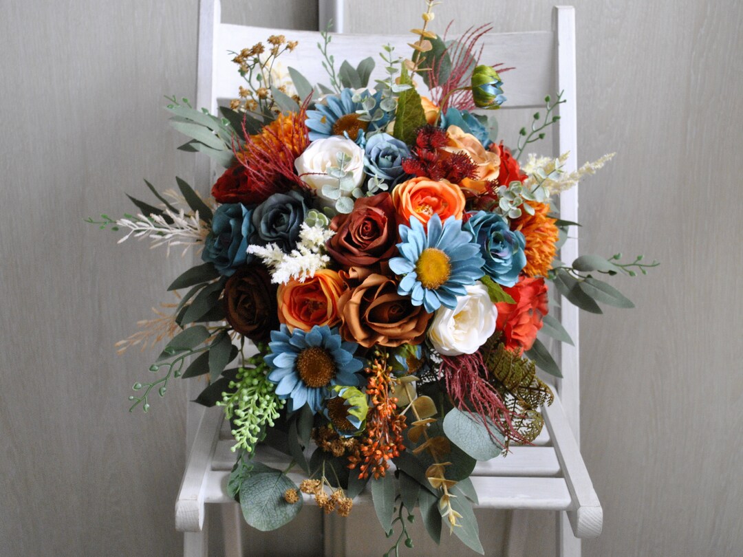 Dark Teal Rust Bouquet, Bridal Bouquet, Fall Rustic Wedding, Boho ...
