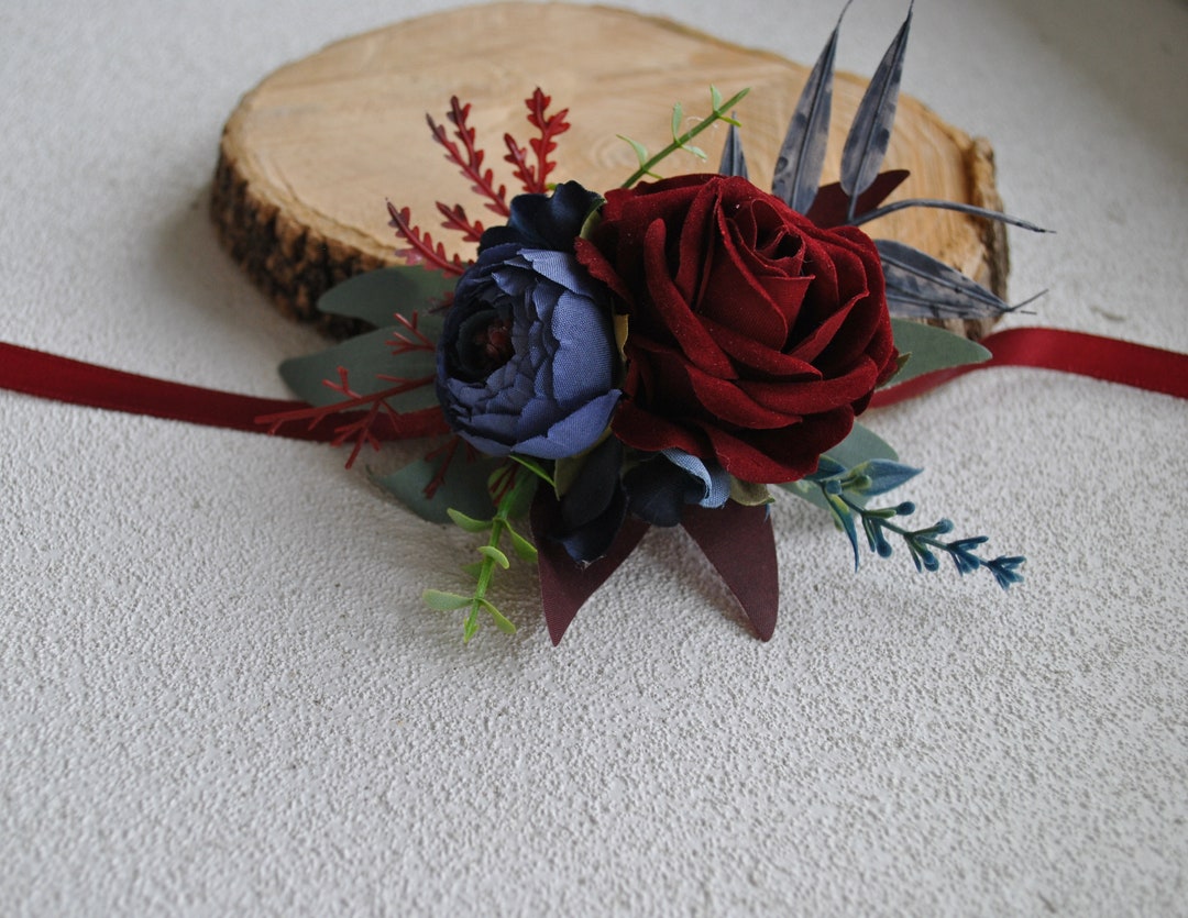 Burgundy Navy Wedding Corsages, Fall Wedding Flowers, Wedding Wrist ...