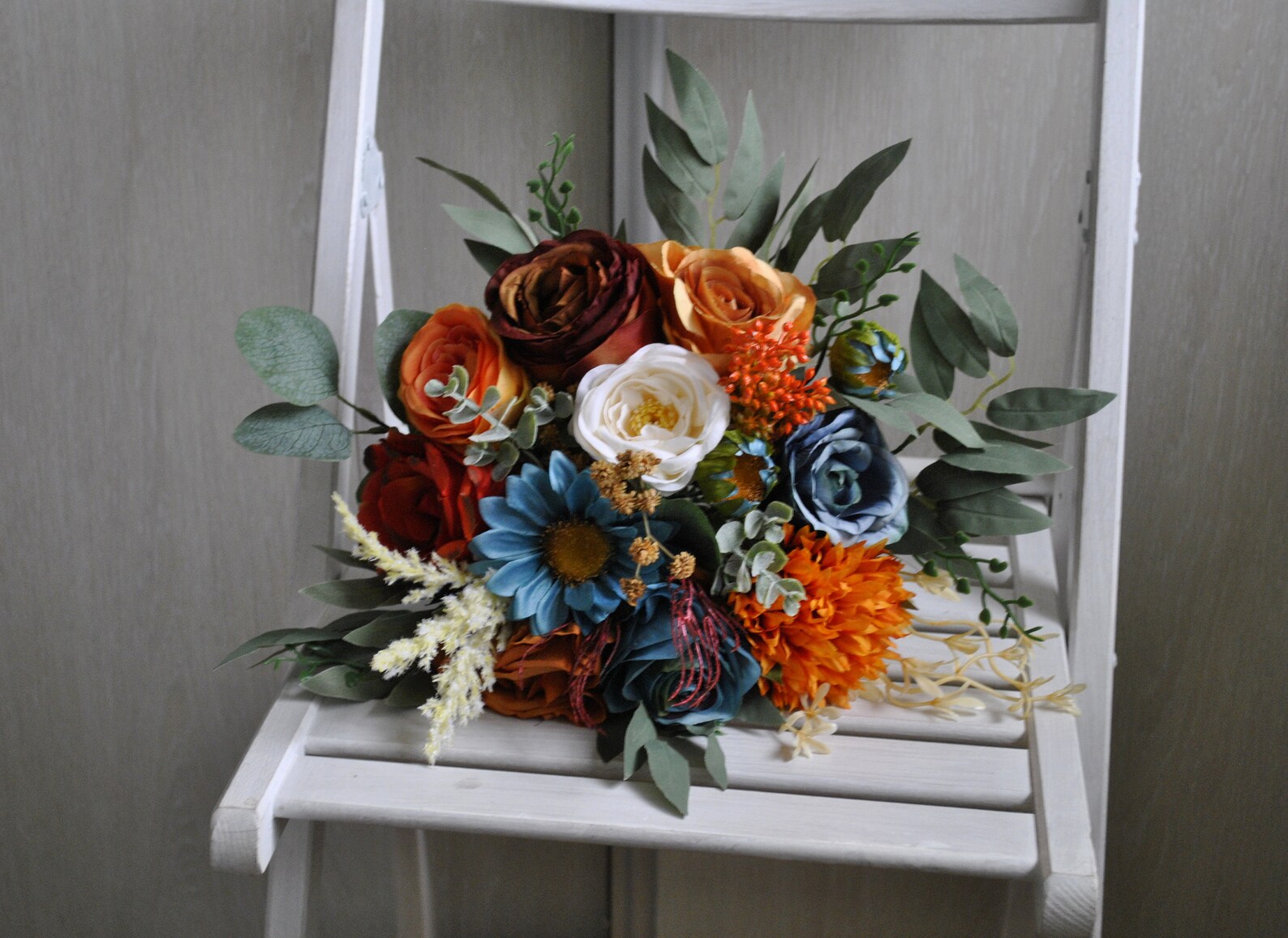 Dark Teal Rust Bouquet, Fall Bridal Bouquet, Navy Blue Orange Flowers ...