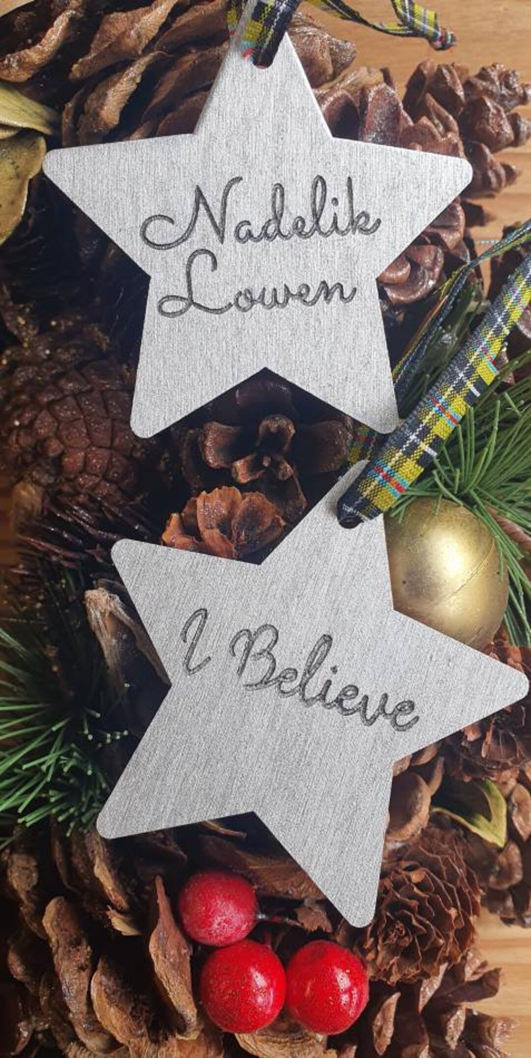 Nadelik Lowen Silver Star 'I Believe' Christmas Tree Decorations, Pack ...
