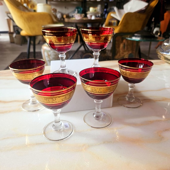 6 Vintage Bohemian Ruby Red & Gold Grapevine Goblets,… - Gem