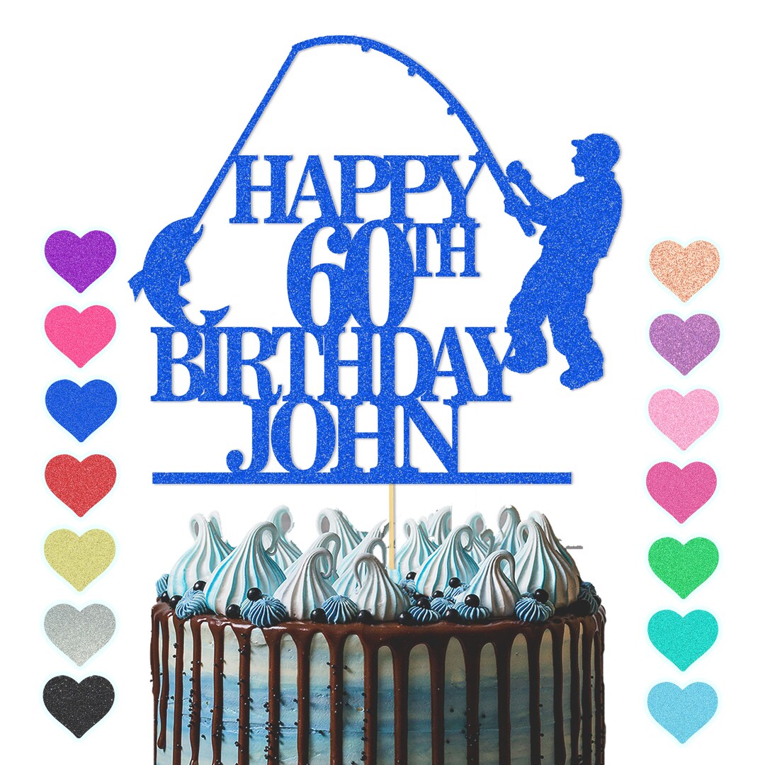 Personalised Fishing Theme Cake Topper Custom Glitter Happy Birthday ...