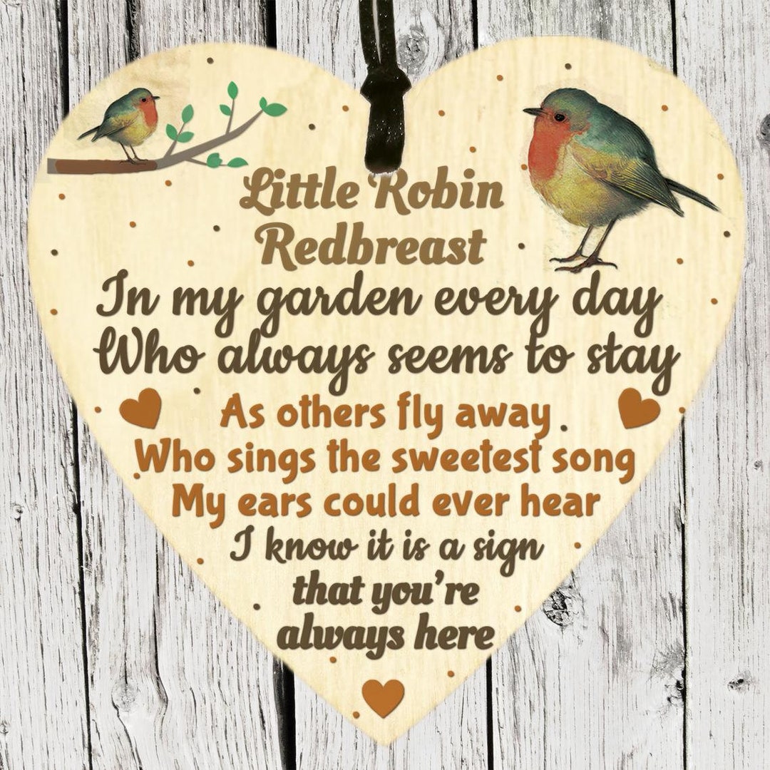 Little Robin Redbreast Wooden Hanging Heart Sign Memorial Bereavement ...