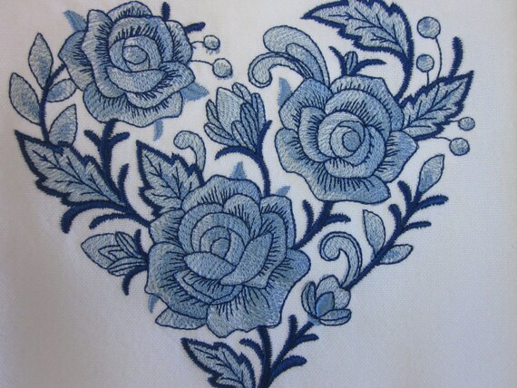 Embroidered Delft Blue Rose Heart Kitchen Towel/rose Heart - Etsy