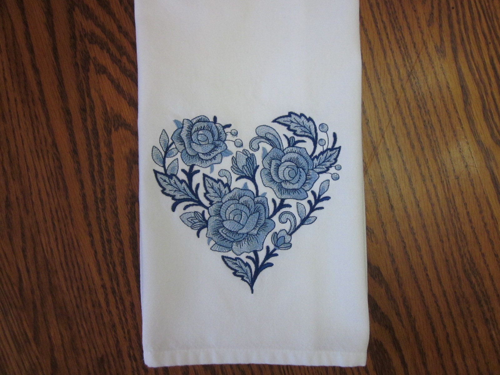 Embroidered Delft Blue Rose Heart Kitchen Towel/rose Heart Towel/blue ...