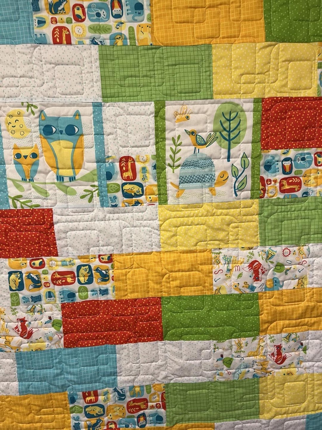 Scrappy Zoo Animals Quilt: Owl, Turtle, Frog - Cotton Child's Quilt - Etsy