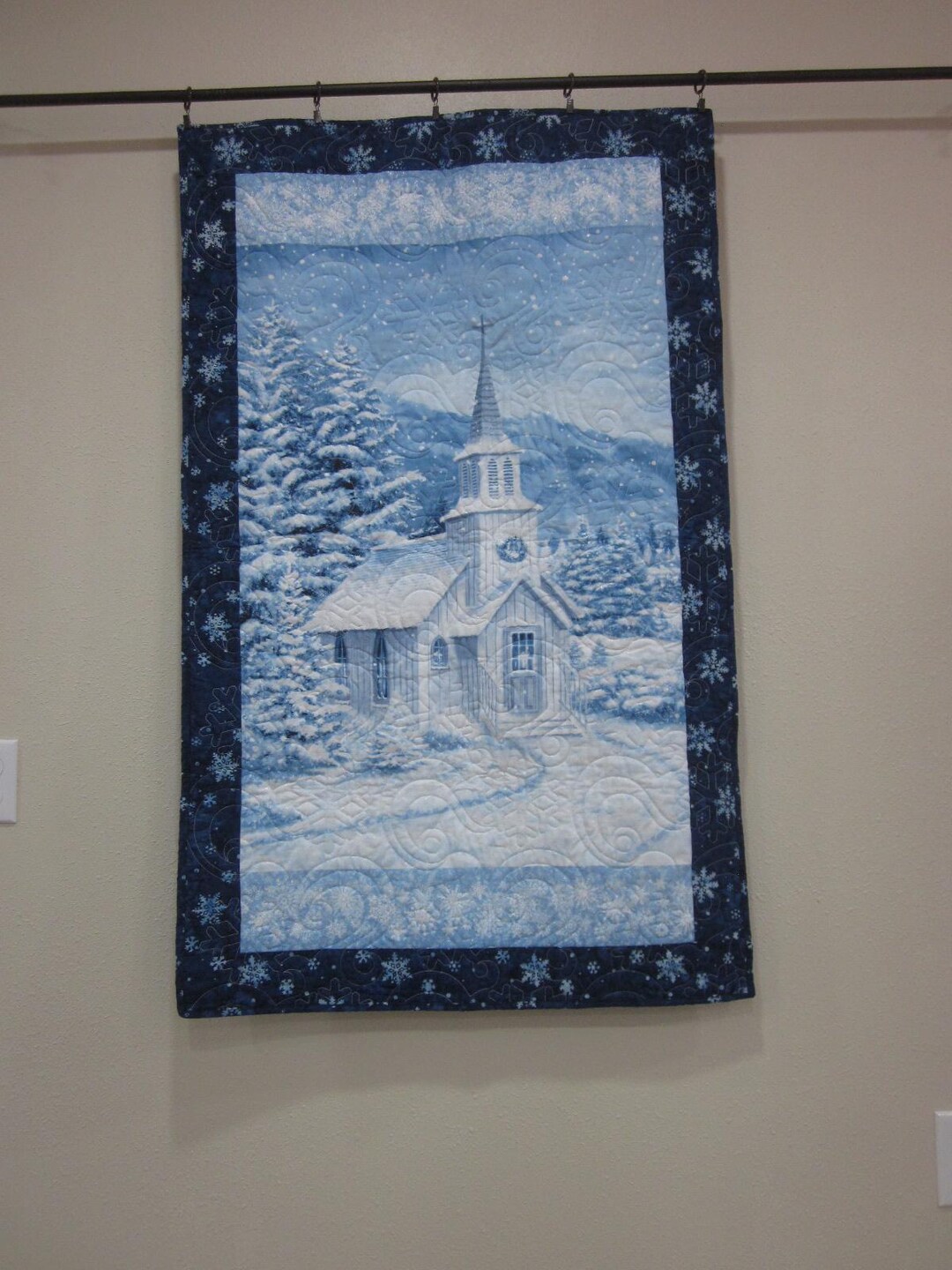 Quilted Christmas Church Throw: Glitter Snowflakes, Blue Winter Wall ...