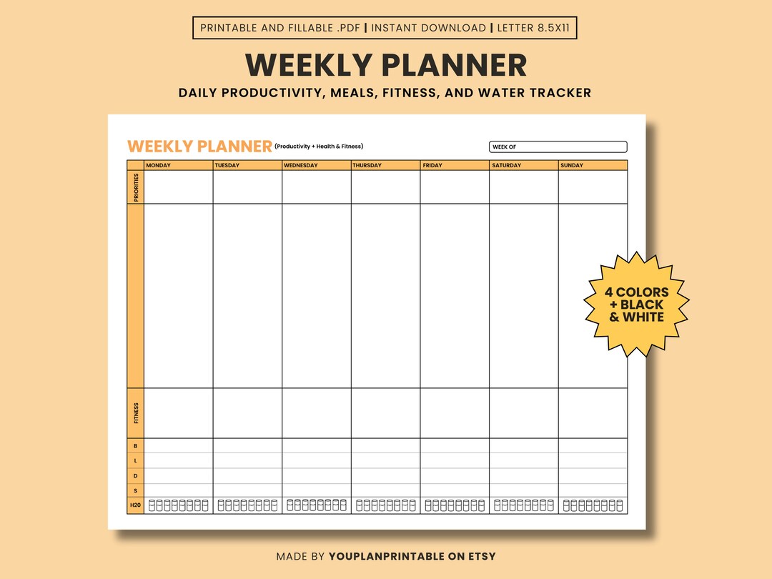 Weekly Planner Digital Download - Daily to Do List, Meal Planner, Water ...