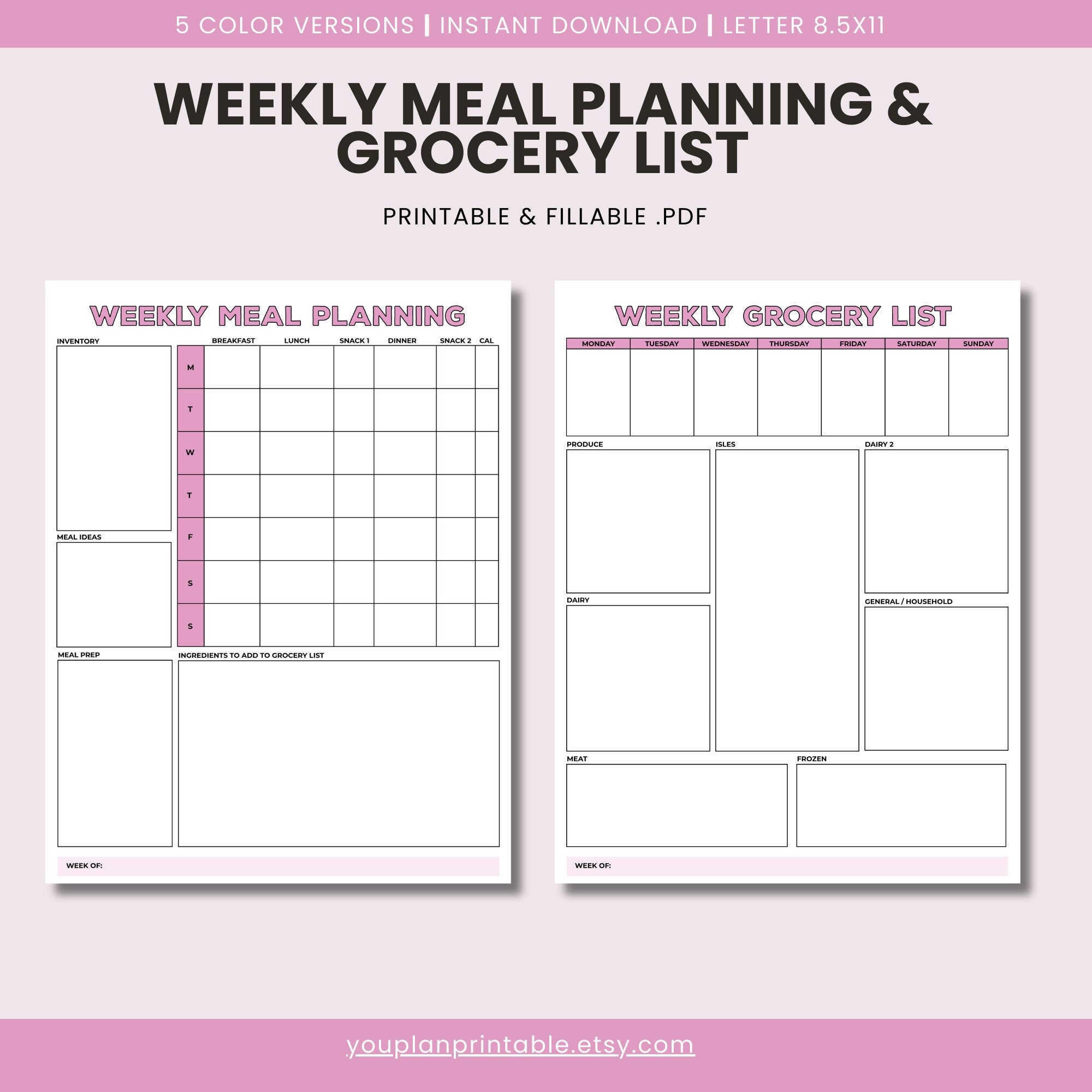 Weekly Meal Planner and Grocery List | DIY Menu Meal Planner | 8x5 X 11 ...