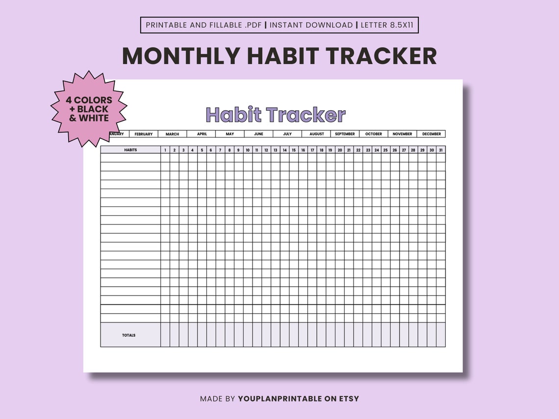 Monthly Habit Tracker Printable Landscape, Habit Tracker Template ...