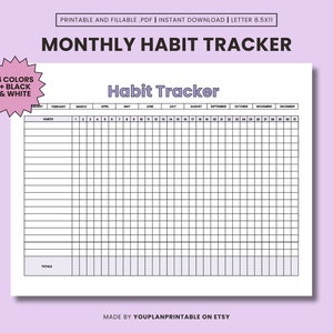 Monthly Habit Tracker Printable Landscape, Habit Tracker Template ...