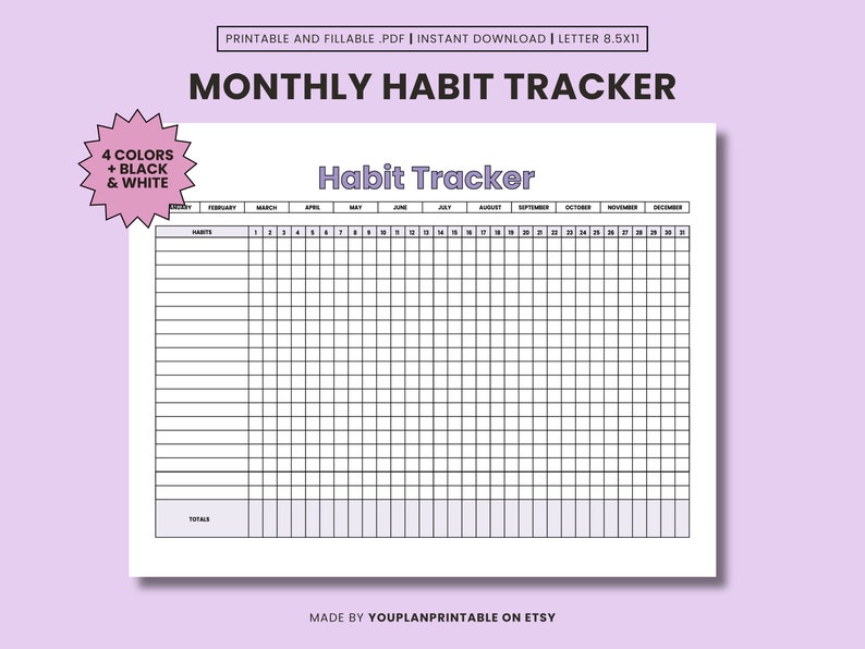 Monthly Habit Tracker Printable Landscape, Habit Tracker Template ...