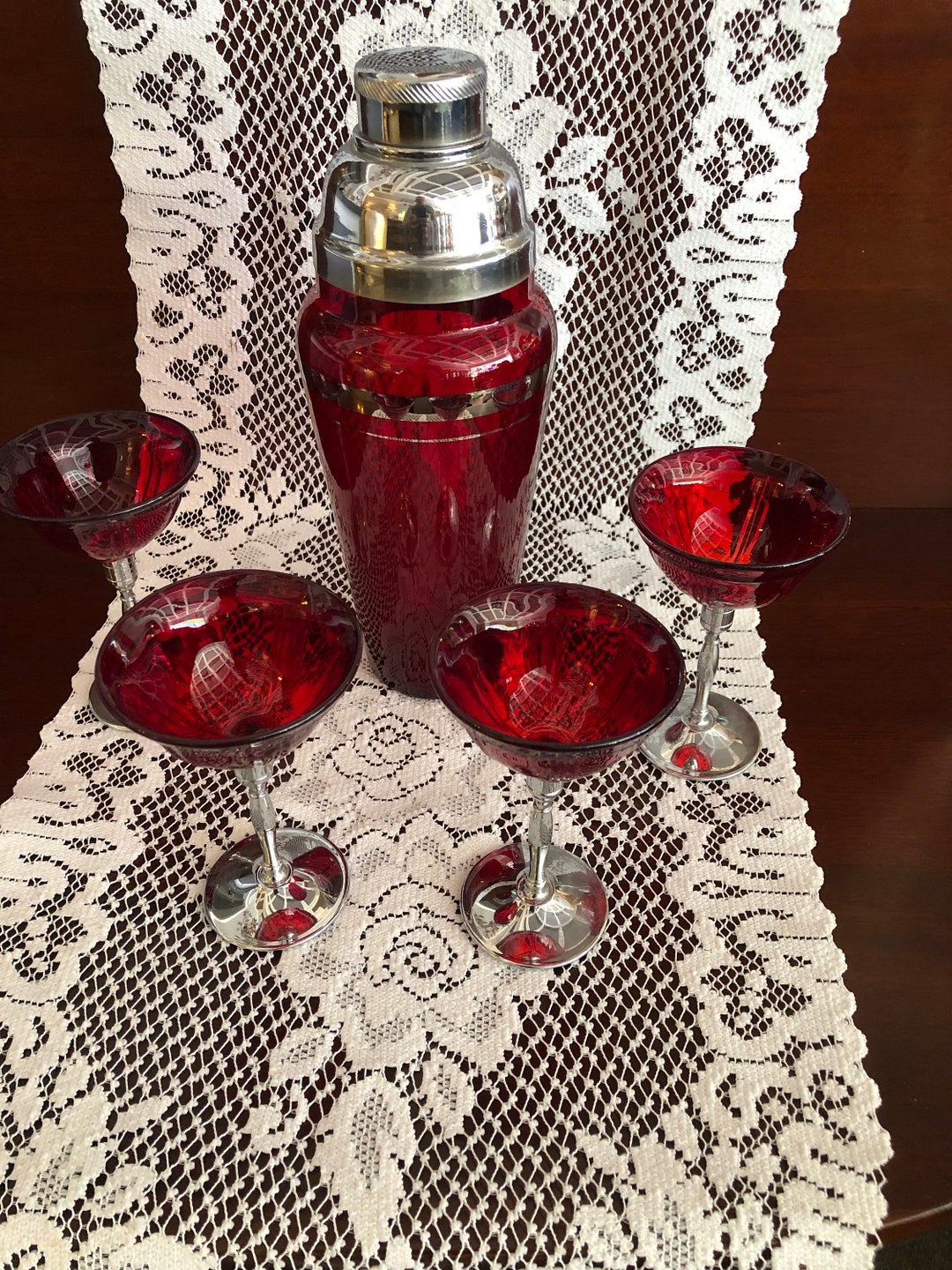 Art Deco Ruby Red Glass Shaker/cordial Set - Etsy