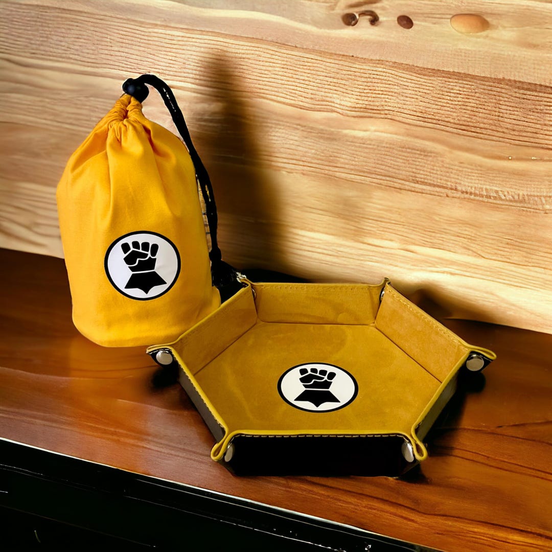 Yellow Fists Army Yellow Large Standing Dice Bag & Folding Hexagon Dice ...