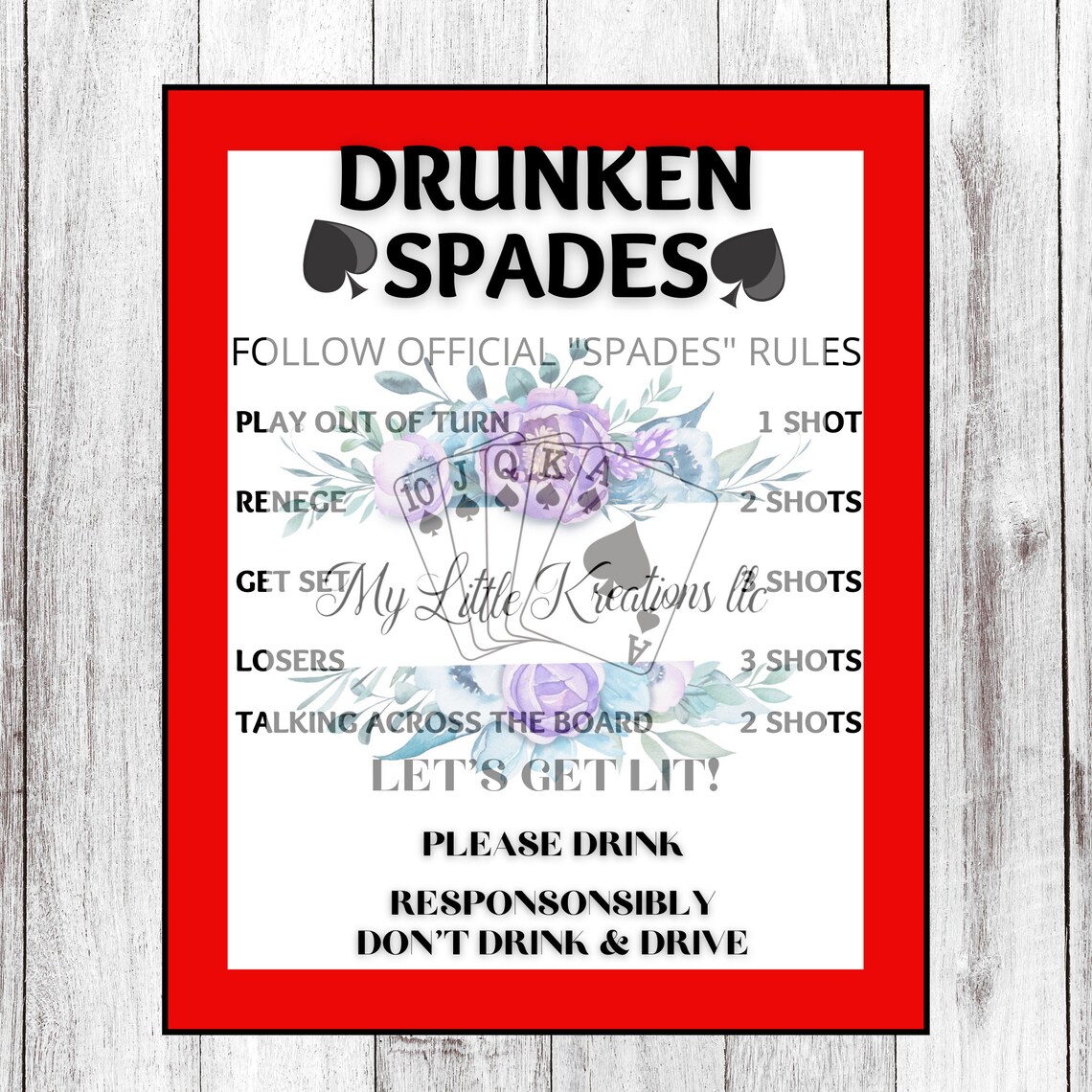 Drunken Spades Game Rules Card Digital Download - Etsy