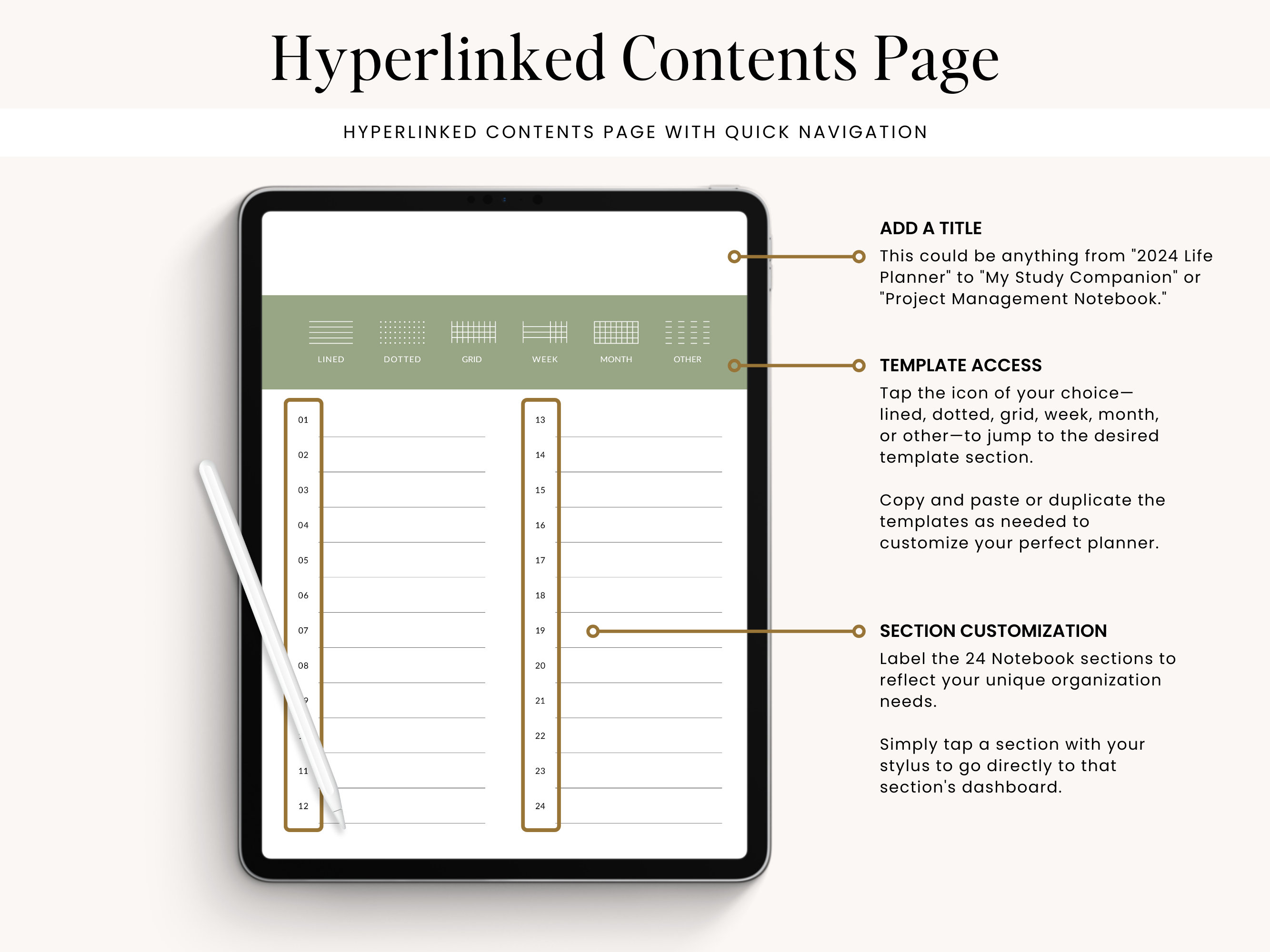 24-section Hyperlink Digital Notebook, Dashboards, 150 Digital Insert ...